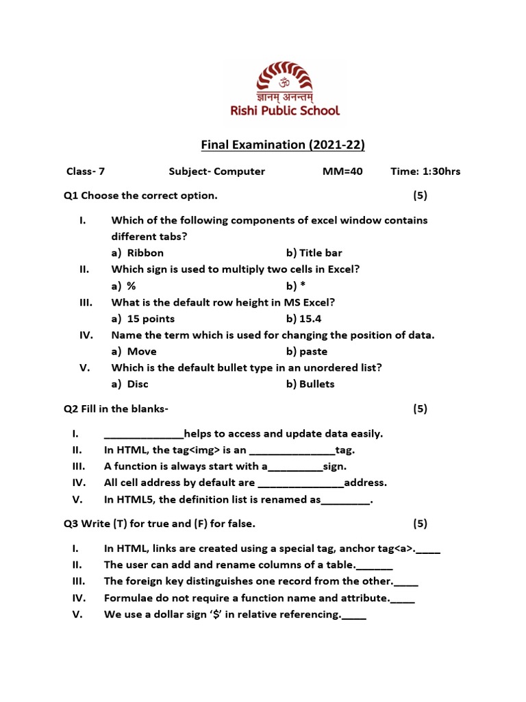 Class 7 Computer Final Exam 2021-22 | PDF | Computers