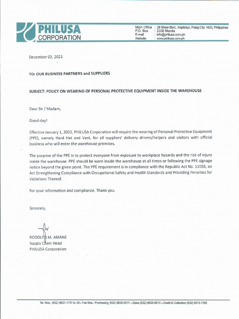 Memo For Wearing Personal Protective Equipment | PDF