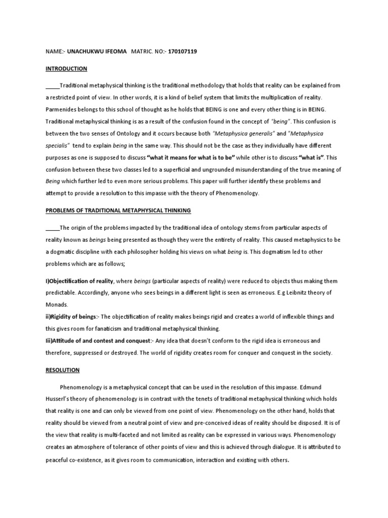 Overcoming the Problems of Traditional Metaphysical Thinking Through ...