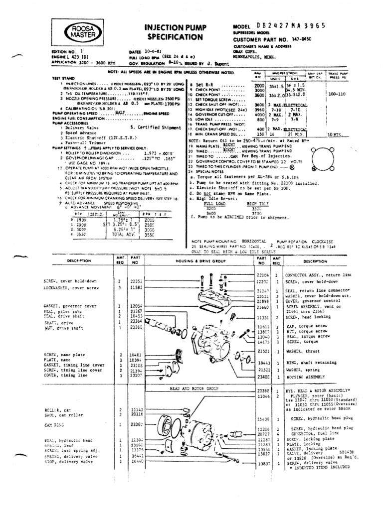Injection Pump Specification Modei.: Licet - . - . - . - . .F.% | PDF | Throttle | Manufactured ...