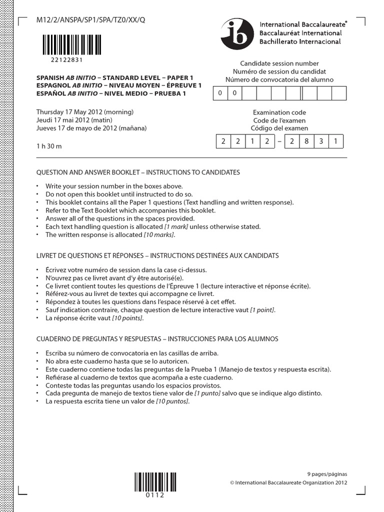 Spanish Ab Initio SL Paper 1 Question Booklet | PDF