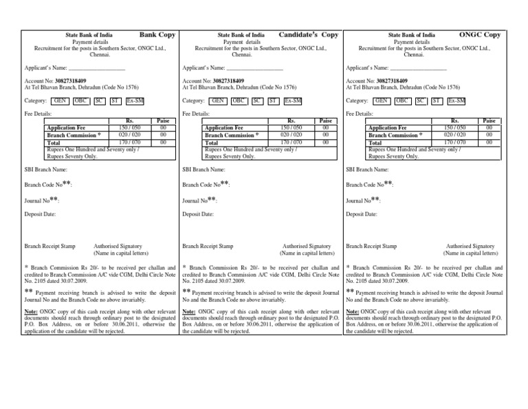 State Bank of India-Challan Triplicate | Download Free PDF | Money ...