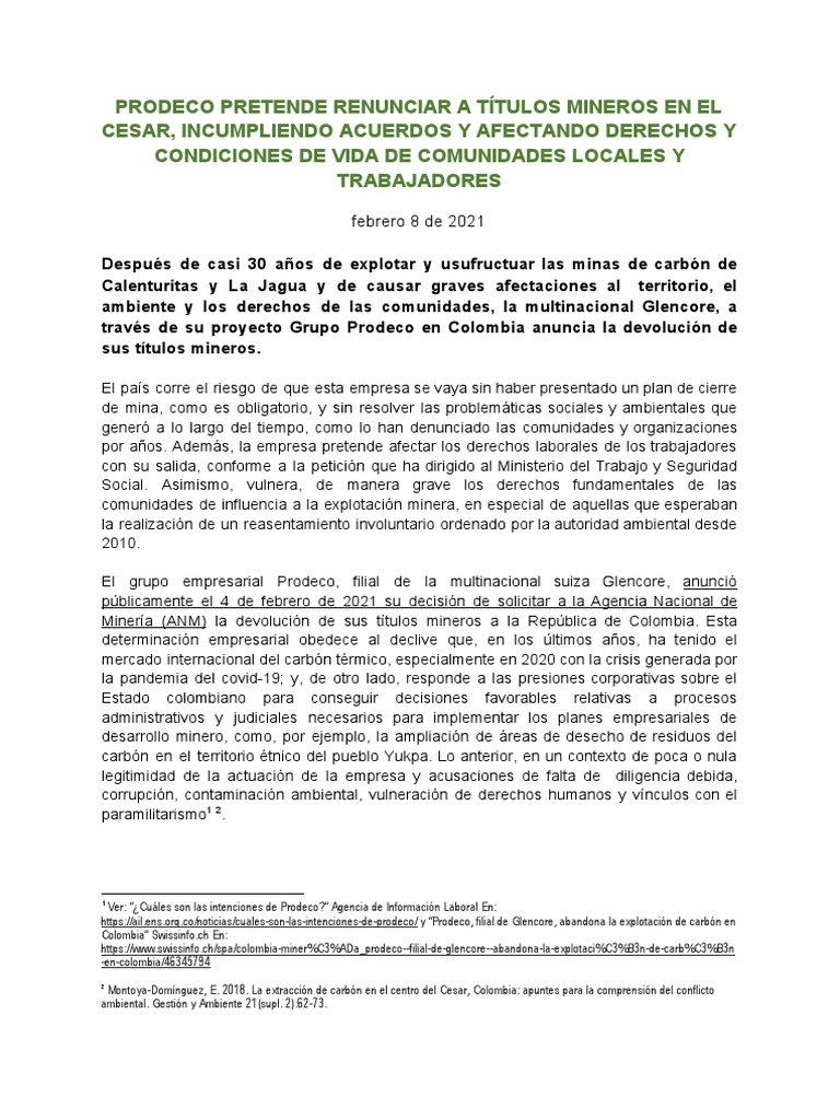 Prodeco renuncia títulos mineros en Cesar | PDF | Minería | Colombia