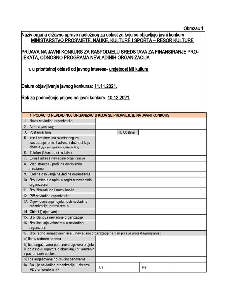 Prijava I Propratni Obrasci Za Konkurs 2021 | PDF