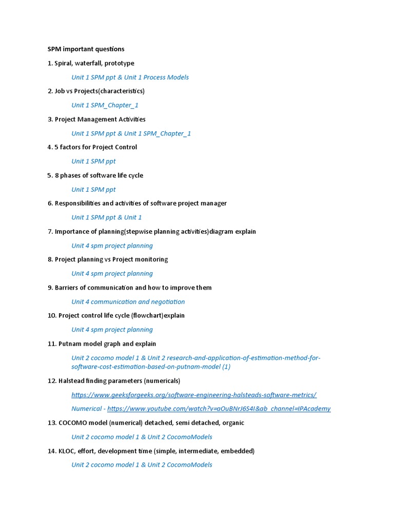SPM Important Questions | PDF | Software Quality | Information ...