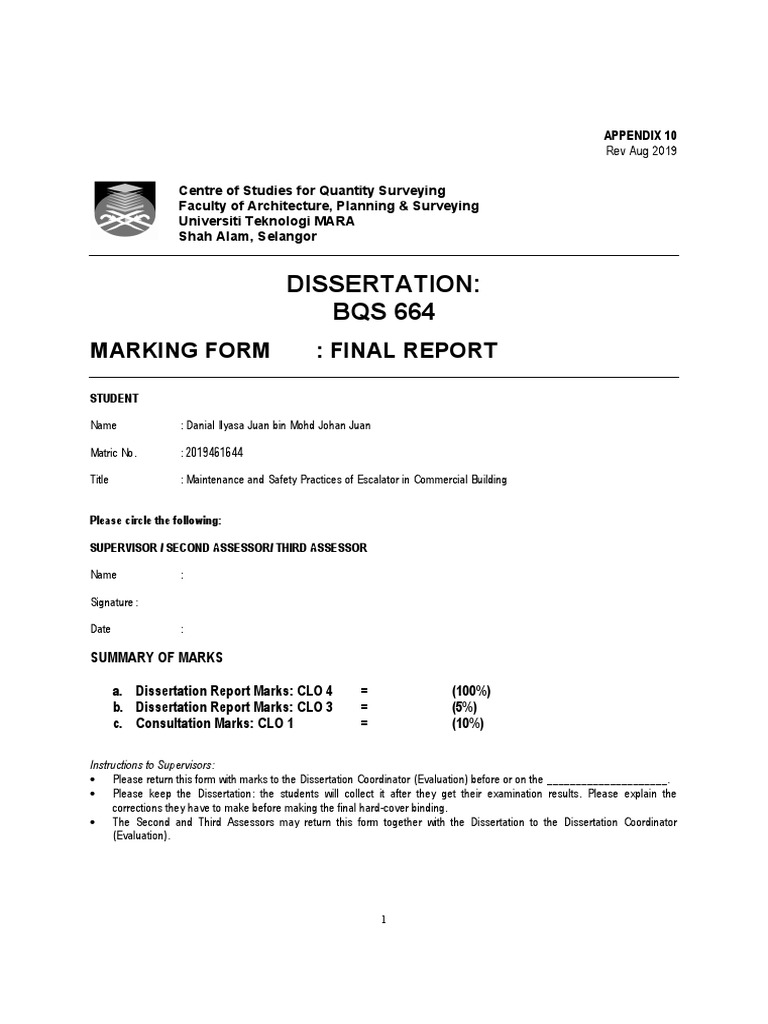 Dissertation: BQS 664: Marking Form: Final Report | PDF | Data ...