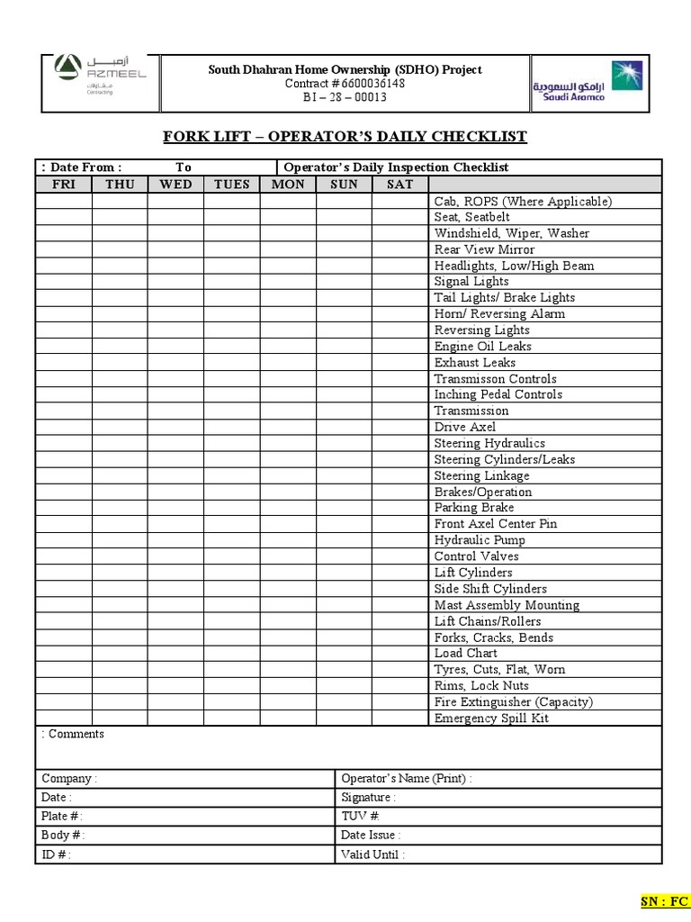 FC 4.1.11 - Fork Lift Operator's Checklist Form | PDF | Transmission ...