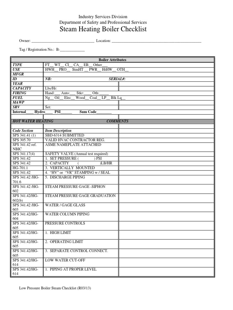 Steam Heating Boiler Checklist: Industry Services Division Department ...