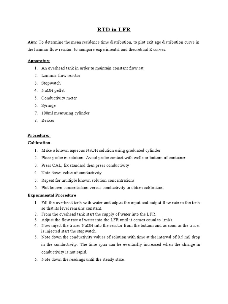 RTD in LFR: Aim: To Determine The Mean Residence Time Distribution, To ...