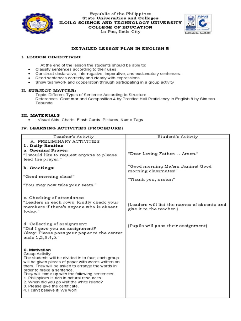 Detailed Lesson Plan in English (TYPES of SENTENCES) | PDF | Question ...