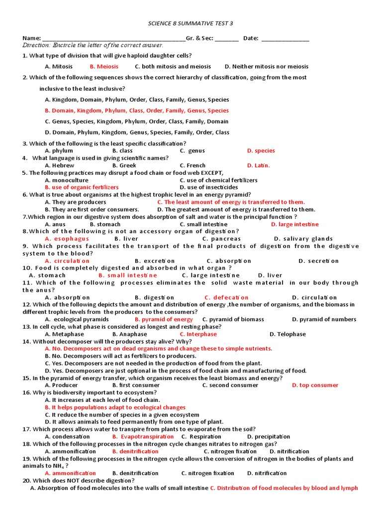 Science 8 Q4 Summative Test 3 | PDF | Digestion | Cell (Biology)
