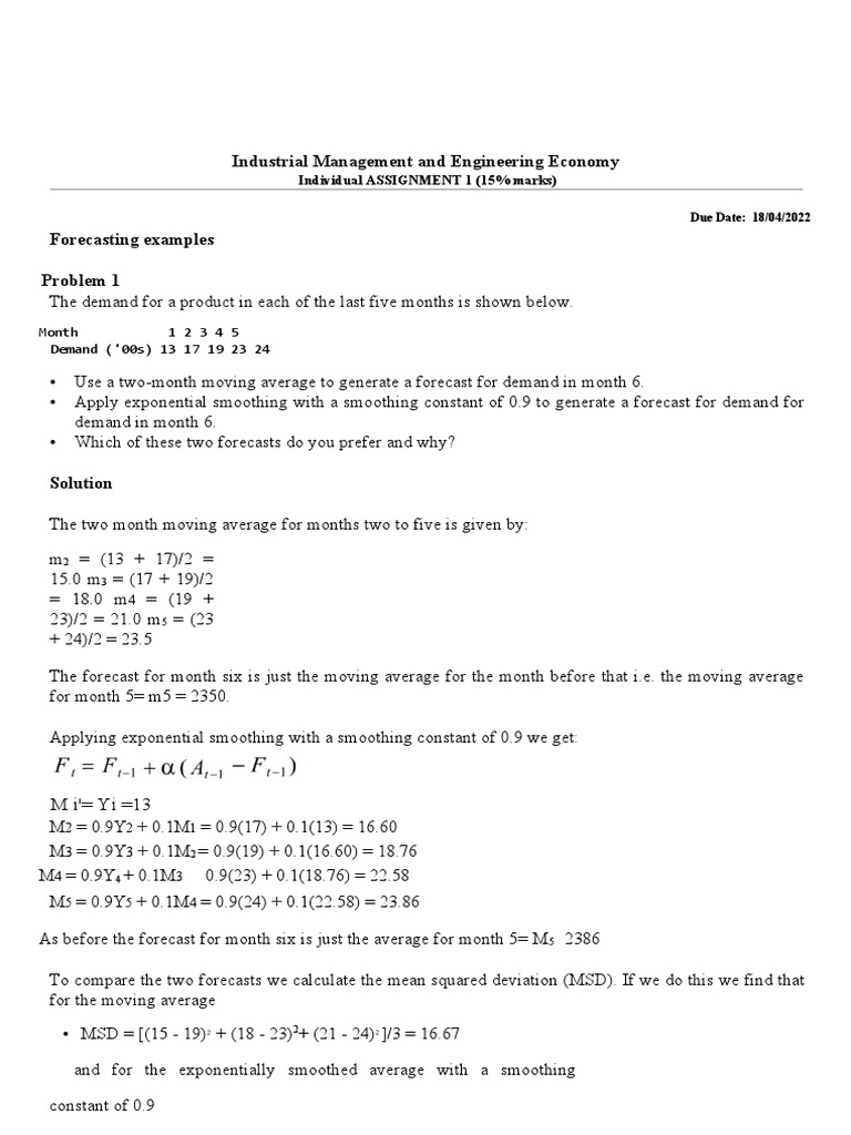 Industrial Management and Engineering Economy: Individual ASSIGNMENT 1 (15% Marks) | PDF ...