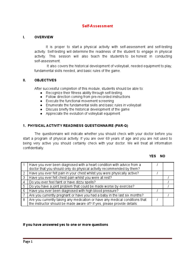 Volleyball Self-Assessment Guide | PDF | Cognition | Clinical Medicine