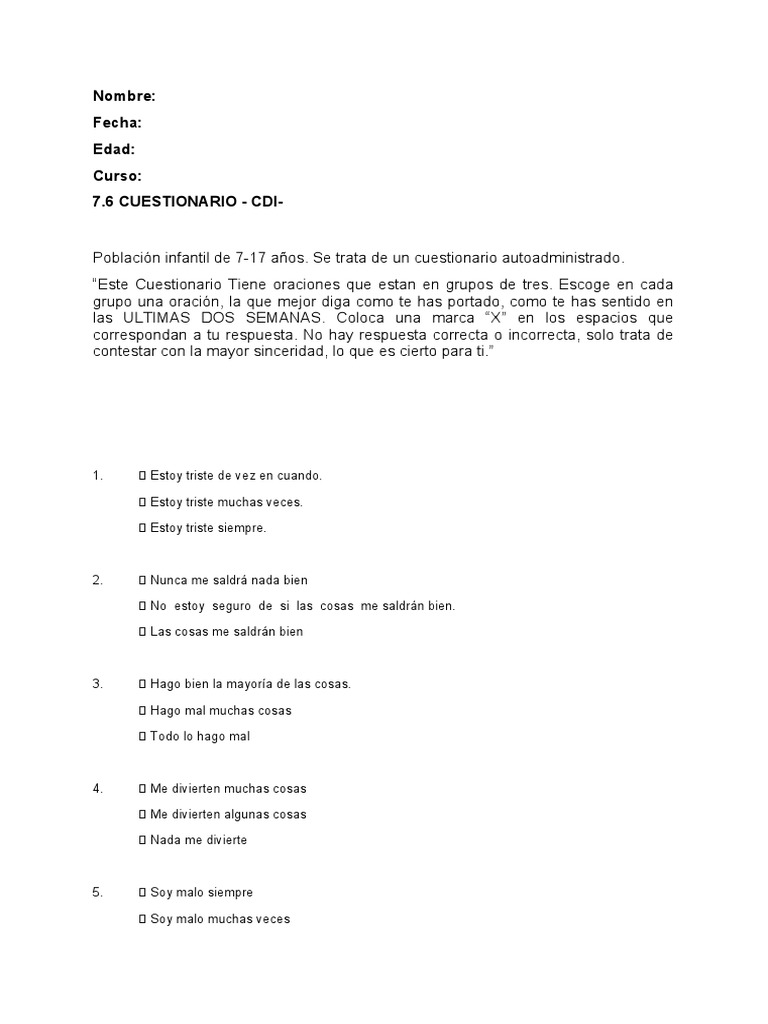 CUestionario Depresion Infantil (CDI) | PDF