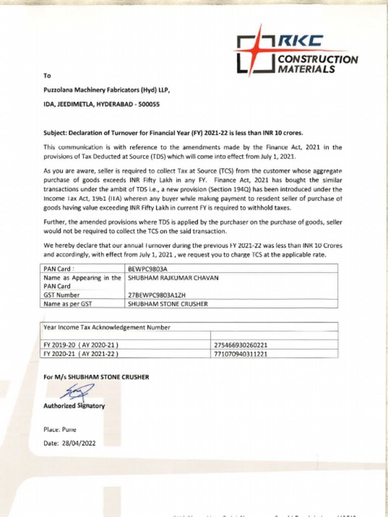 Letter Declaration-Shubham Stone Crusher | PDF