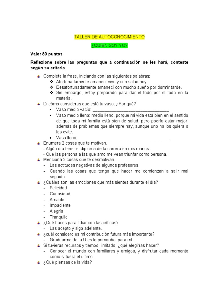 Taller de Autoconocimiento | PDF | Relaciones personales, crianza y desarrollo personal | Estilo ...