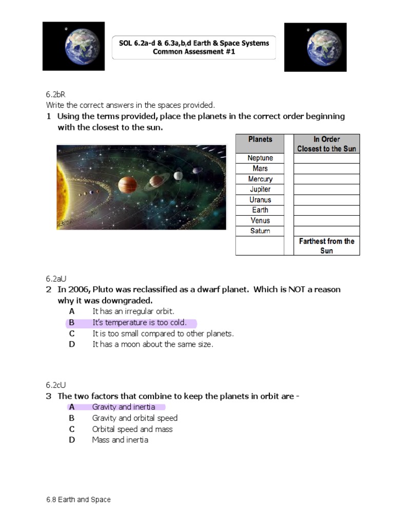 SOL 6.2a-D & 6.3a, B, D Earth & Space Systems Common Assessment #1 ...