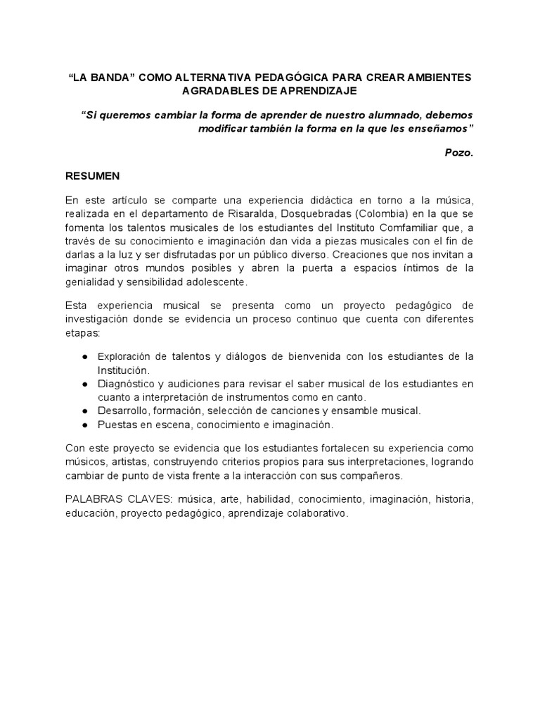 Proyecto Artistico Musical Instituto Comfamiliar | PDF | Aprendizaje ...