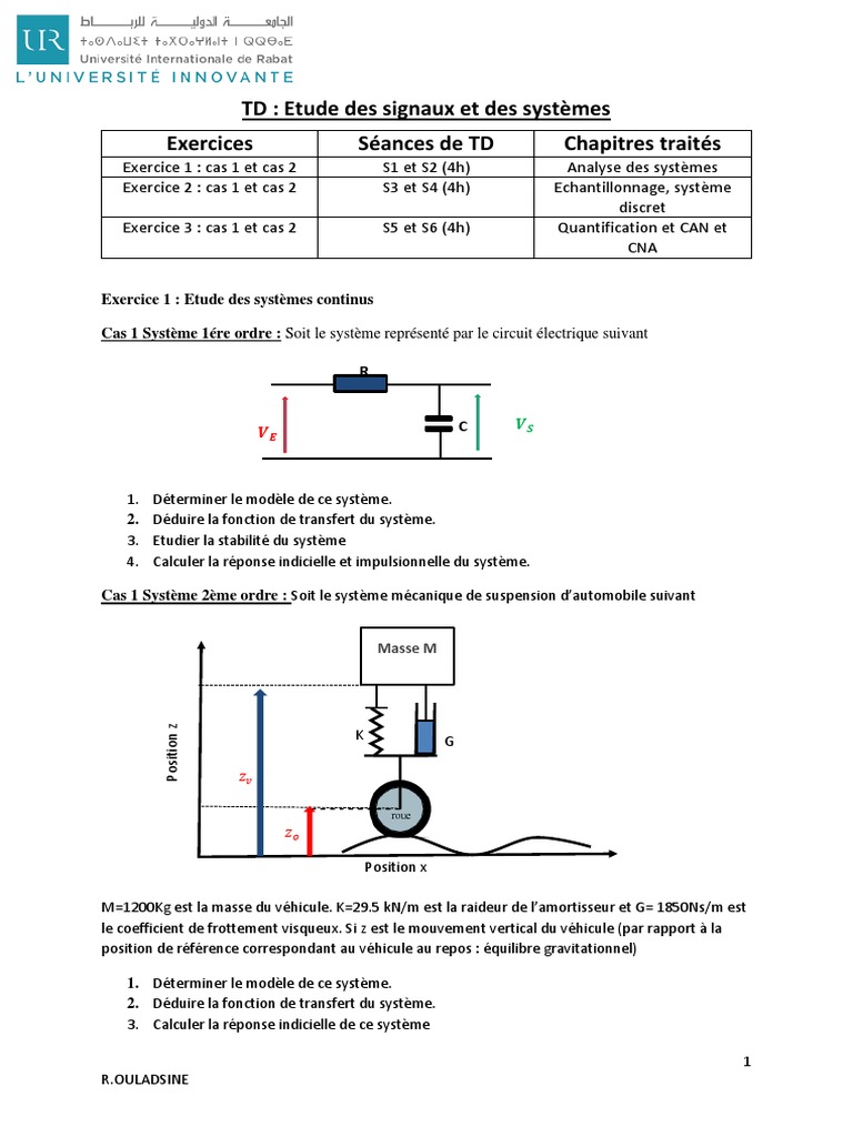TD: Etude Des Signaux Et Des Systèmes Exercices Séances de TD Chapitres Traités | Download Free ...