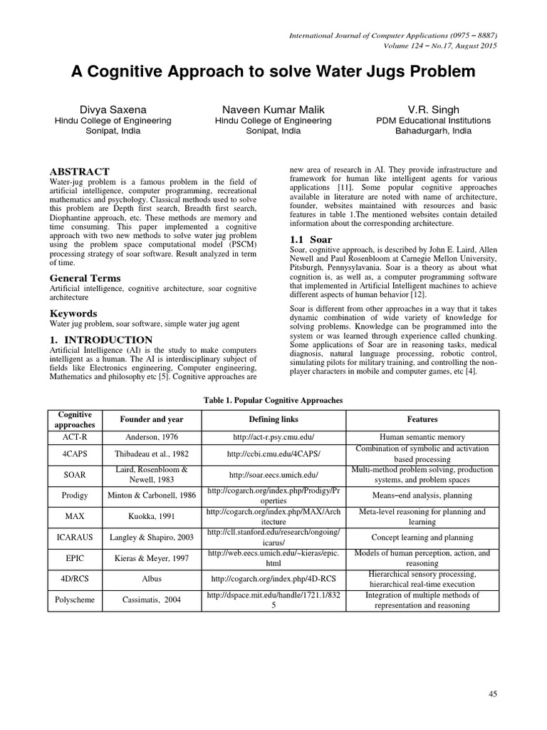 A Cognitive Approach To Solve Water Jugs Problem: Divya Saxena Naveen ...