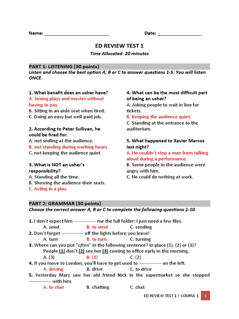 Ed Review Test 1: PART 1: LISTENING (30 Points) | PDF