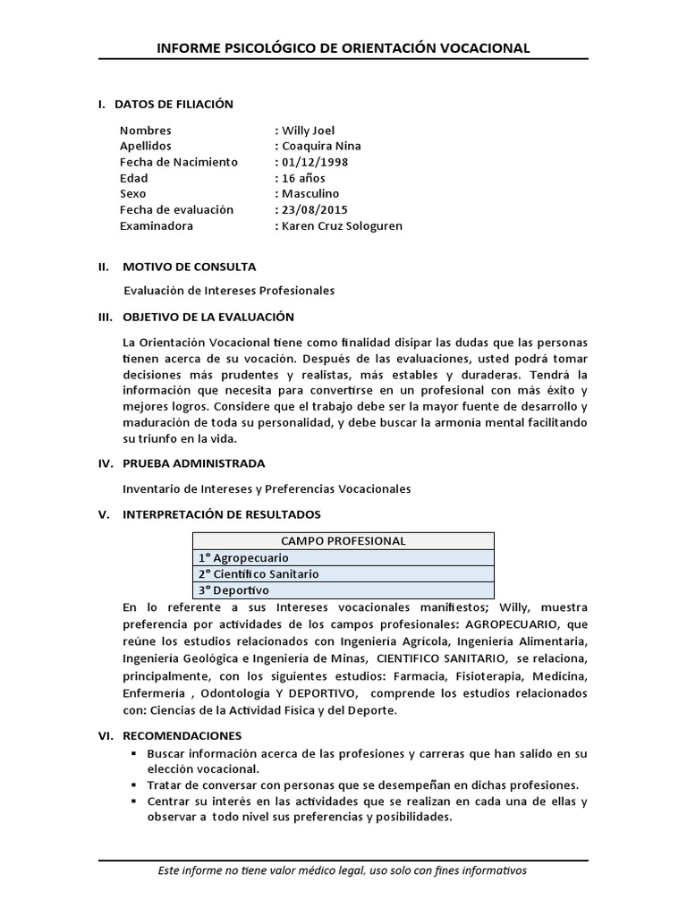 Modelos de Informe Psicologico de Orientacion Vocacional 1 | PDF | Ingeniería | Sicología
