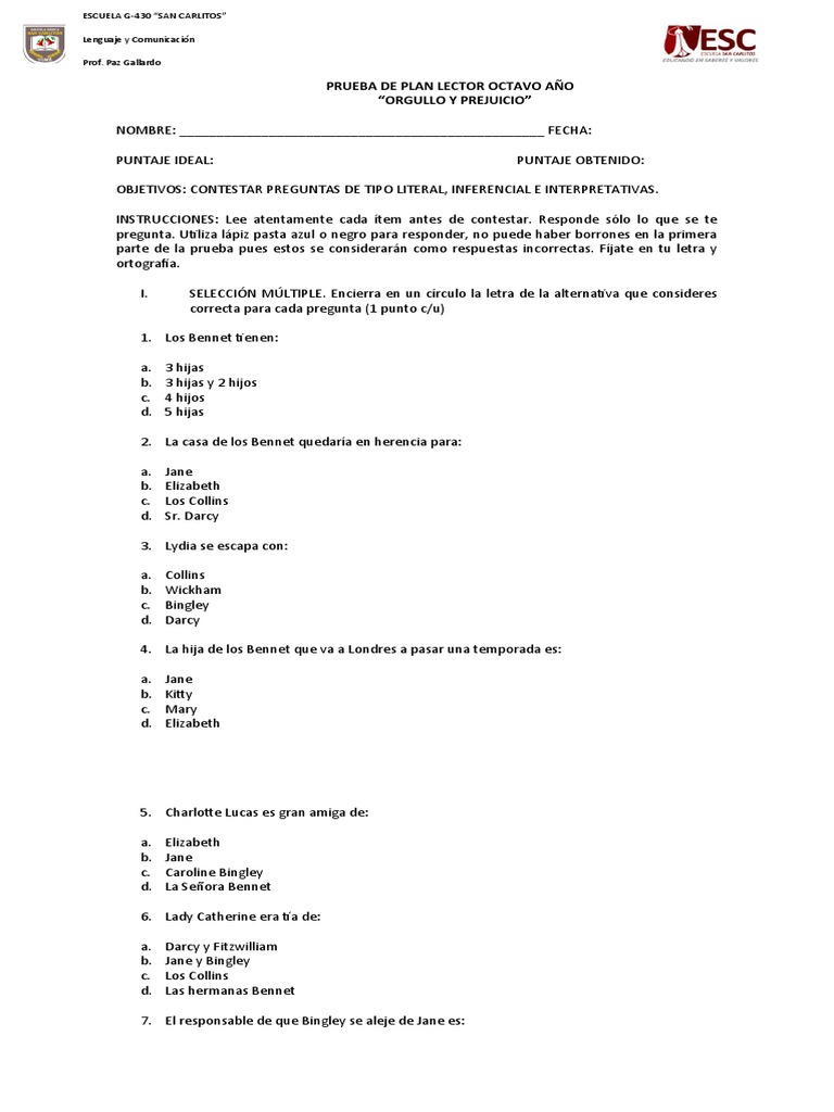 Plan Lector Octavo | PDF | Señor darcy | Orgullo y prejuicio
