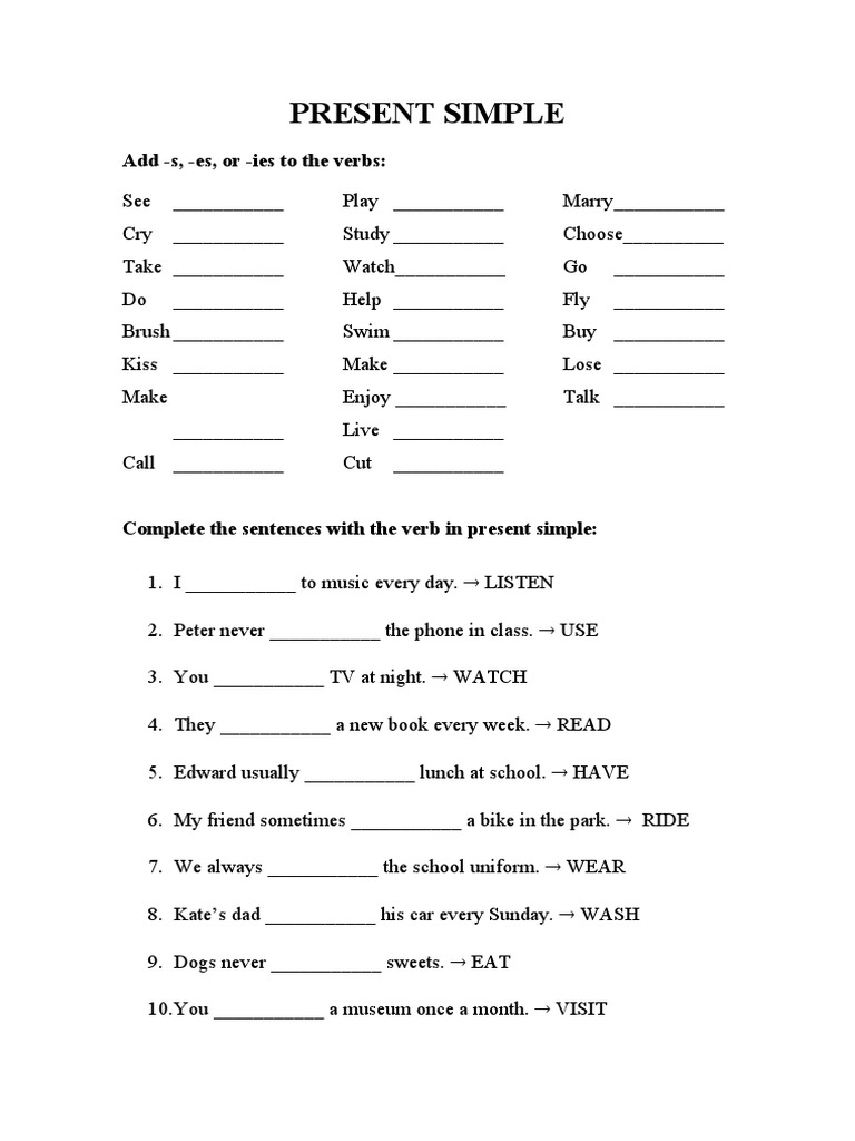 Present Simple: Add - S, - Es, or - Ies To The Verbs | PDF