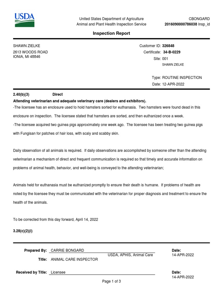 PST Inspection Report Most Recent | PDF | Animals And Humans