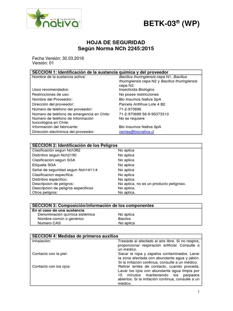 Hoja de Seguridad Betk 03 140621 | PDF | Toxicidad | Agua