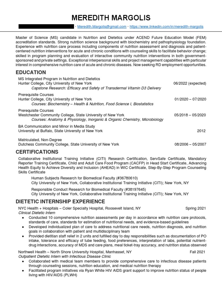 Meredith Margolis Resume | PDF | Dietitian | Health Sciences