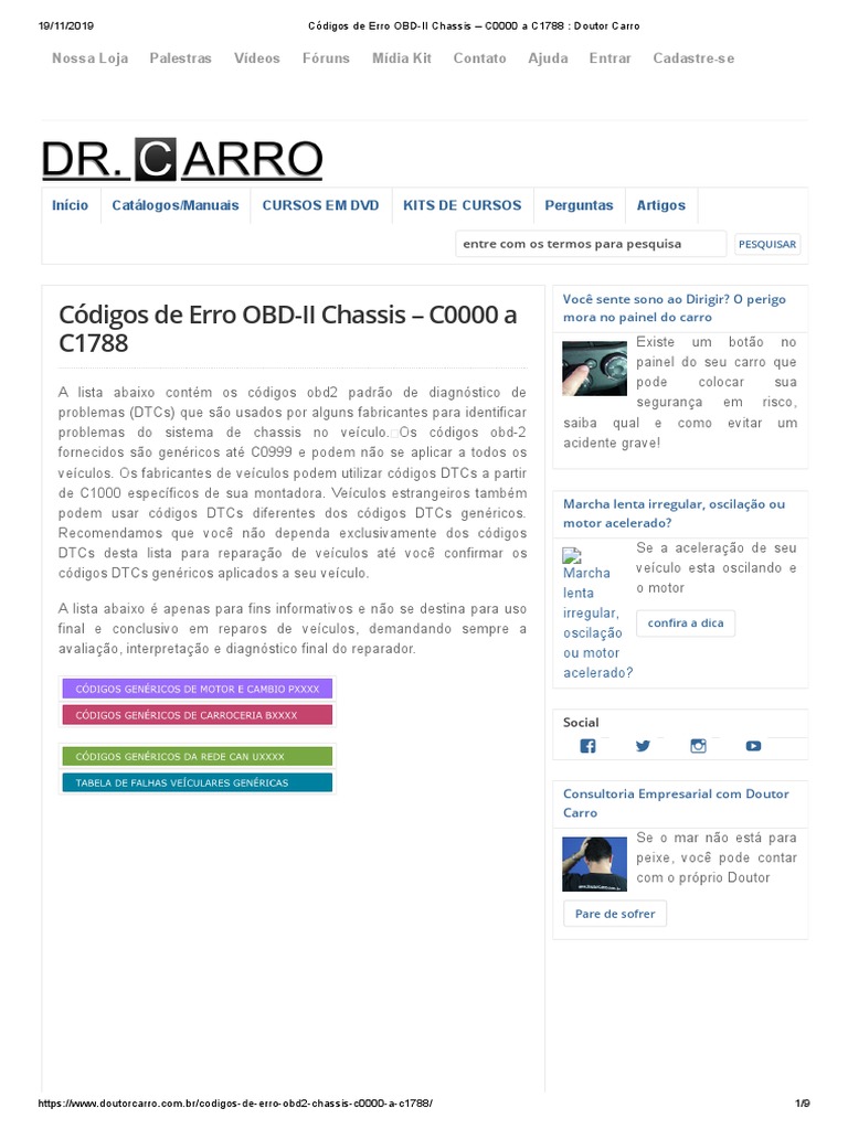 Códigos de Erro OBD-II Chassis - C0000 A C1788 - Doutor Carro | PDF ...