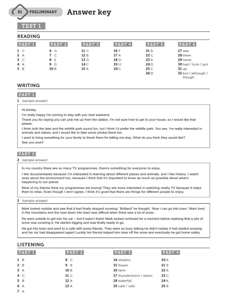 Answerkey For PET Test 1 | PDF