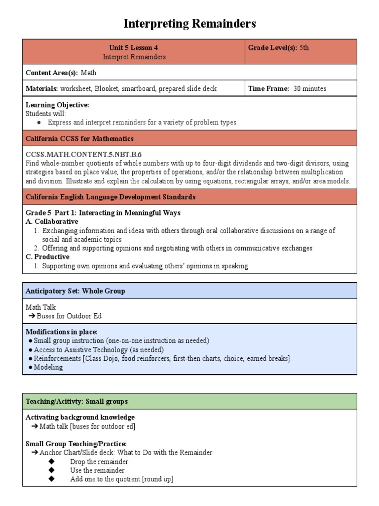 Interpreting Remainders Lesson | PDF | Reinforcement | Teaching Mathematics