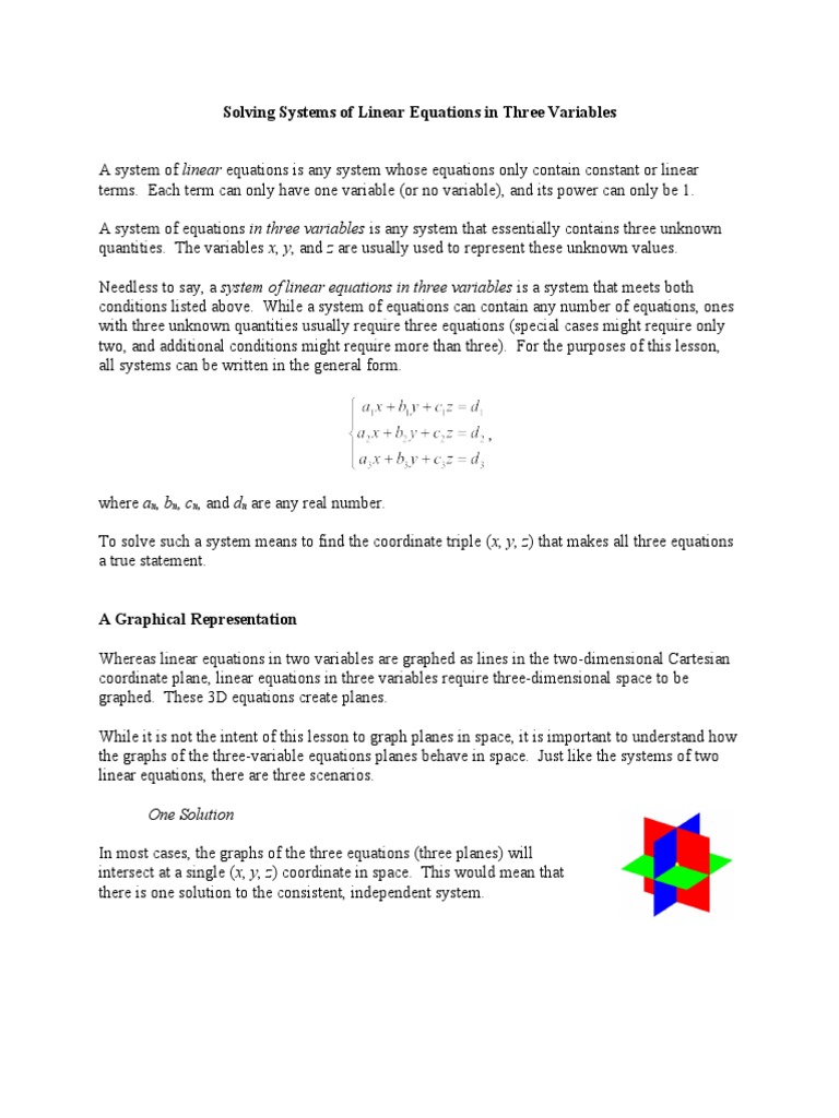 Systems of Linear Equations in Three Variables Extra Credit | PDF ...