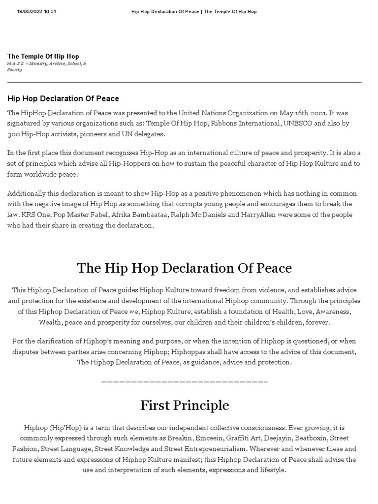 Hip Hop Declaration of Peace - The Temple of Hip Hop | PDF | Hip Hop ...