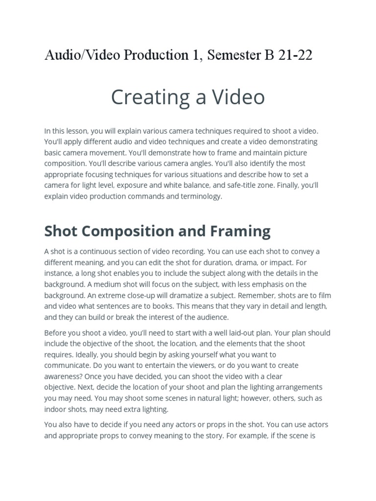 Audio Video Production 1 Semester B 21-22 | PDF | Film Director ...