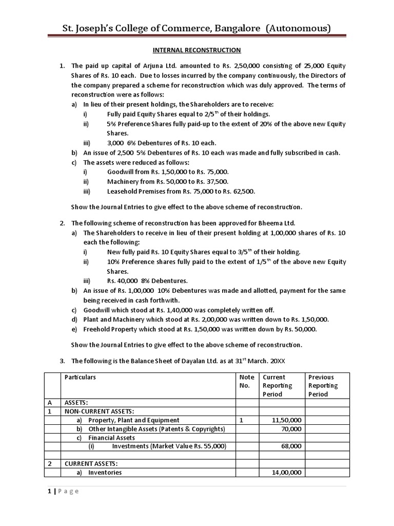 Internal Reconstruction - Problems | PDF | Equity (Finance) | Balance Sheet