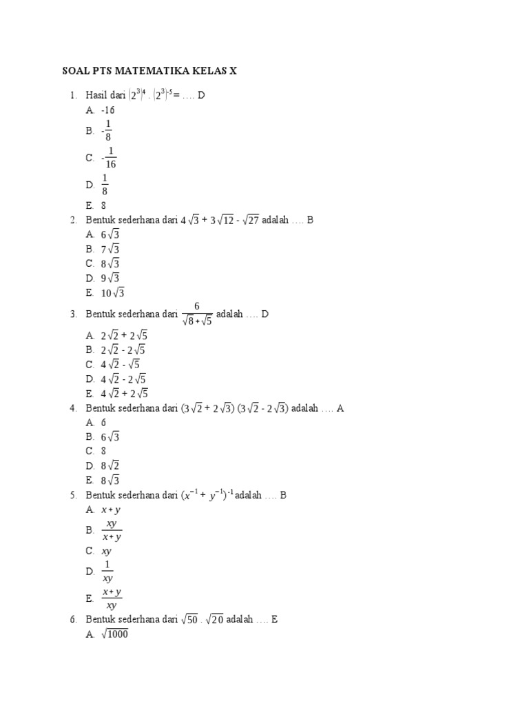 Soal PTS MTK Kls X | PDF