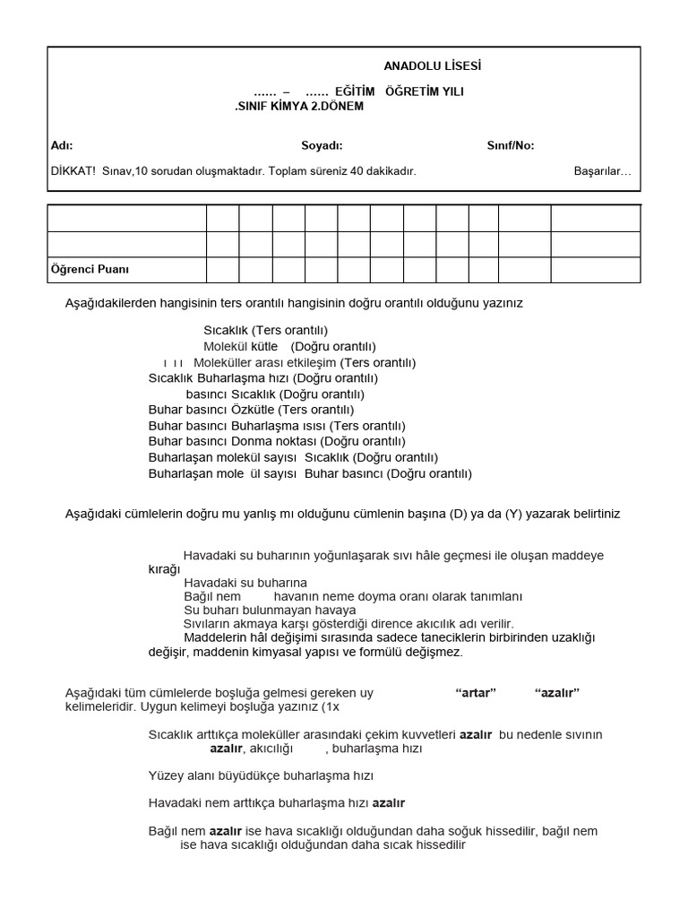 9.SINIF KİMYA 2.DÖNEM 2.YAZILI CEVAP ANAHTARI (MAZERET SINAVI) | PDF
