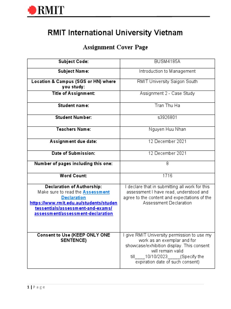 RMIT International University Vietnam: Assignment Cover Page | PDF ...