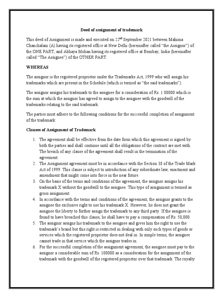 Deed of Assignment of Trademark | PDF | Assignment (Law) | Trademark