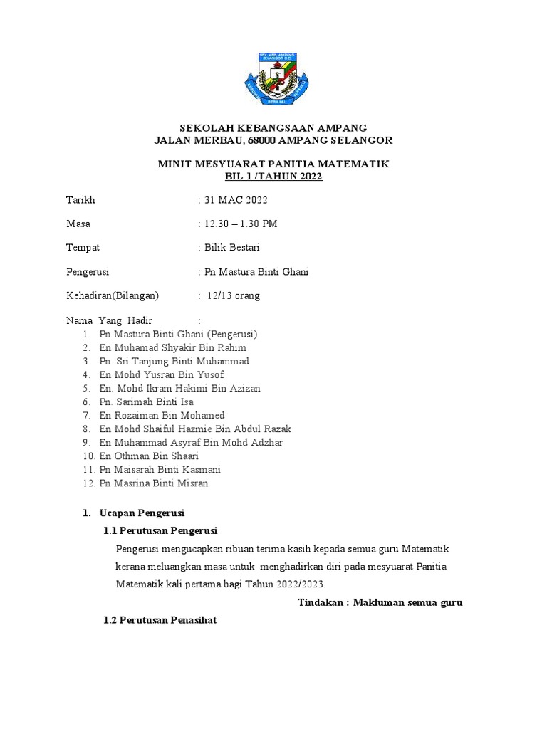 Panitia Matematik (Minit Mesyuarat Bil 1.2022) | PDF