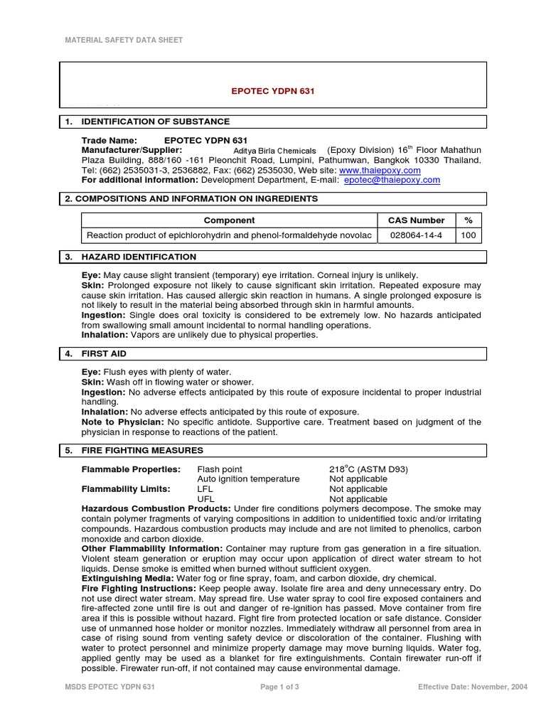 Epotec Yd PN 631 SDS | PDF | Fires | Epoxy