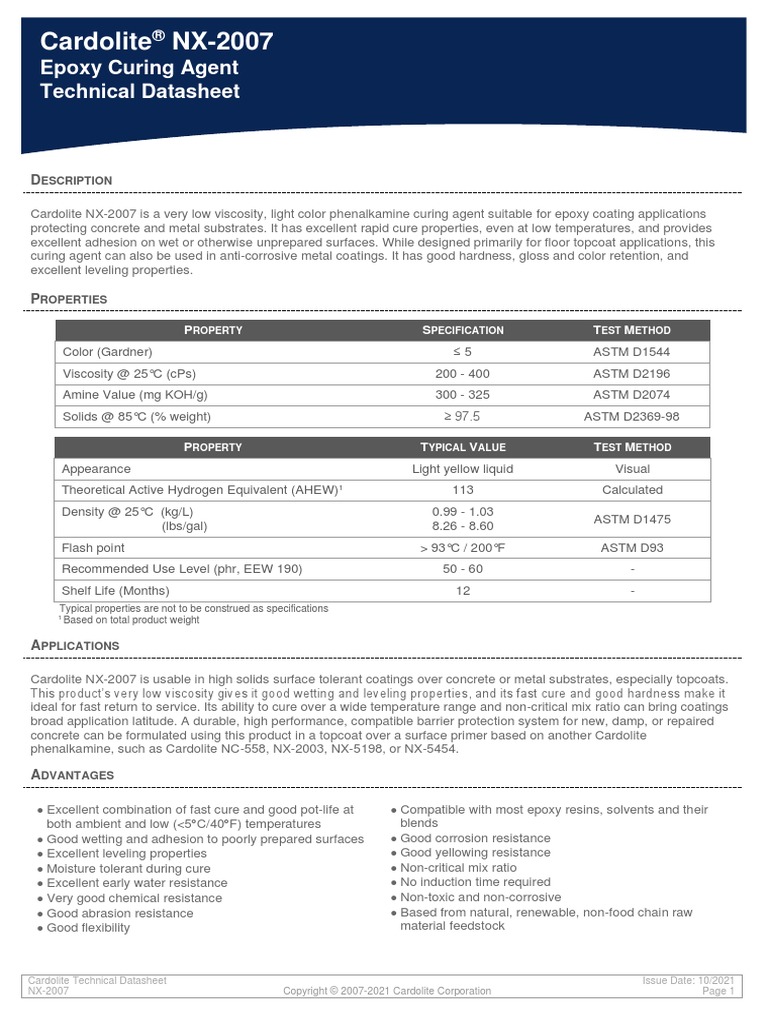 Cardolite NX-2007: Epoxy Curing Agent Technical Datasheet | PDF | Epoxy ...
