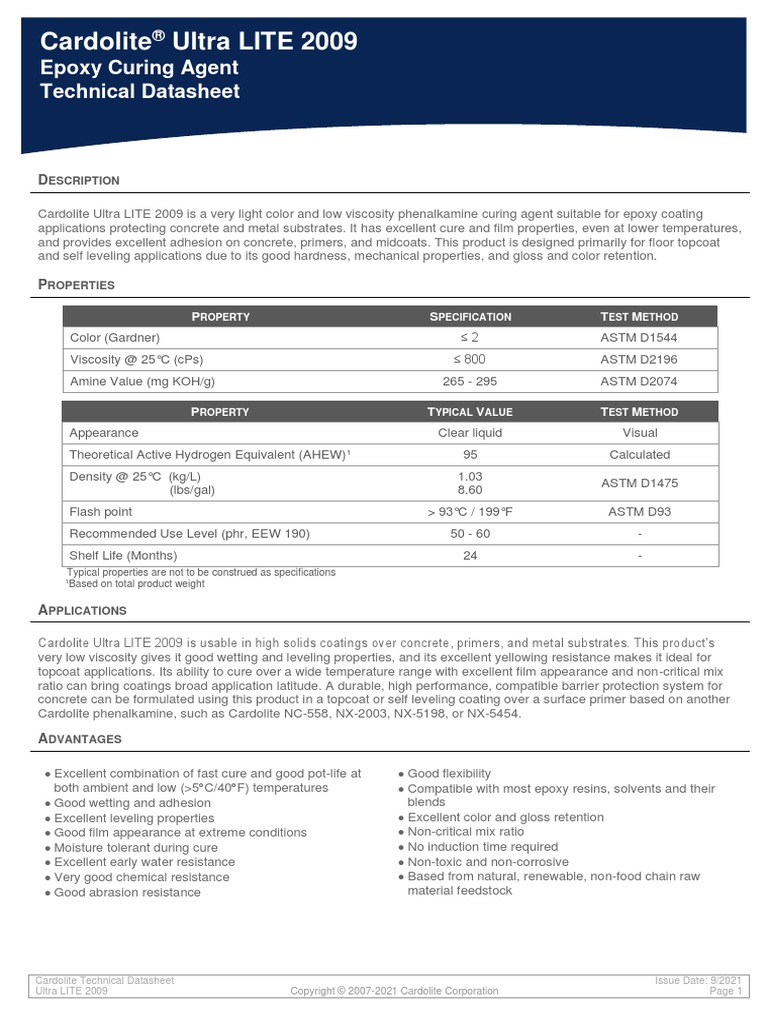 Cardolite Ultra LITE 2009: Epoxy Curing Agent Technical Datasheet | PDF ...