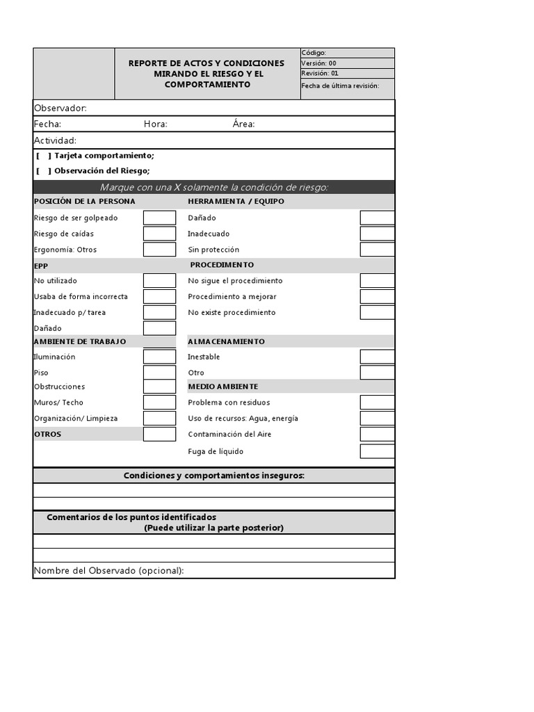 Formato REPORTE DE ACTOS Y CONDICIONES INSEGURAS | PDF