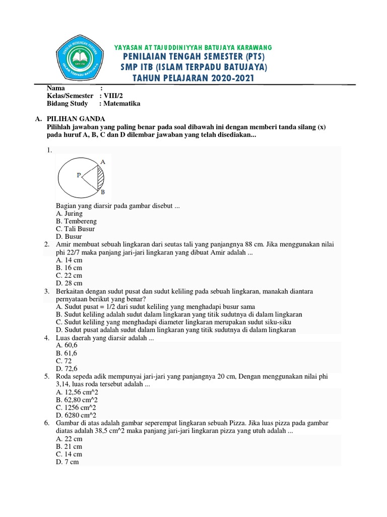 PTS MTK SMP Itb 8 | PDF | Metode & Bahan Ajar | Griya & Taman