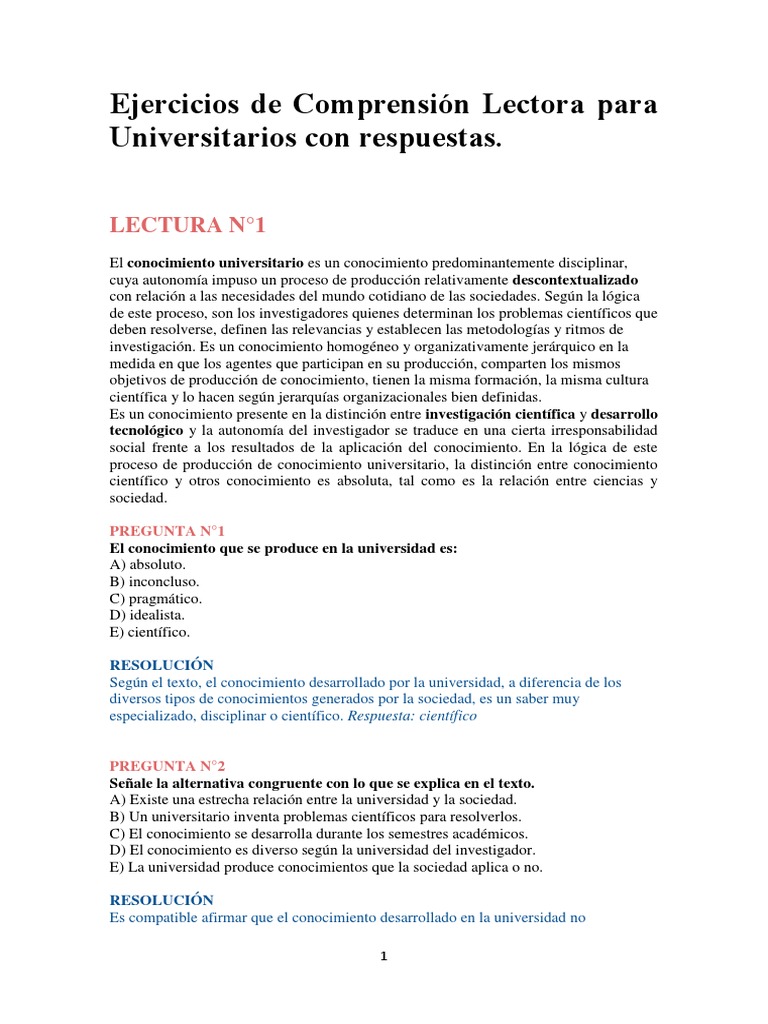 Ejercicios de Comprensión Lectora para Universitarios Con Respuestas ...