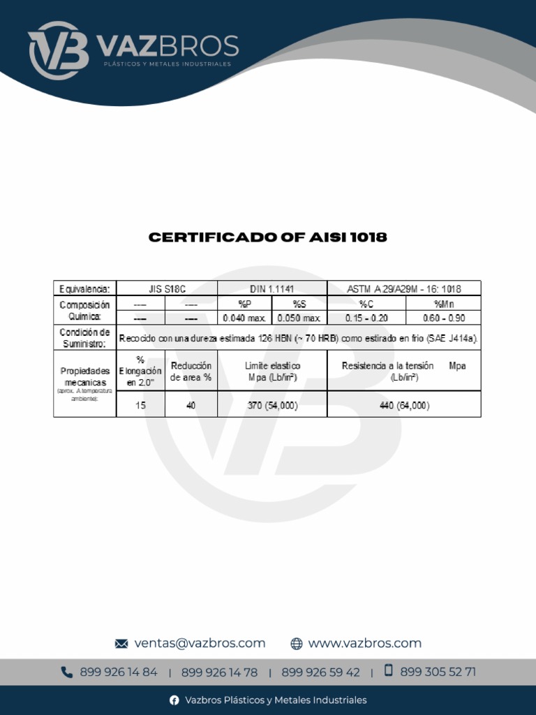 Certificado AISI 1018 Acero | PDF | Tecnología